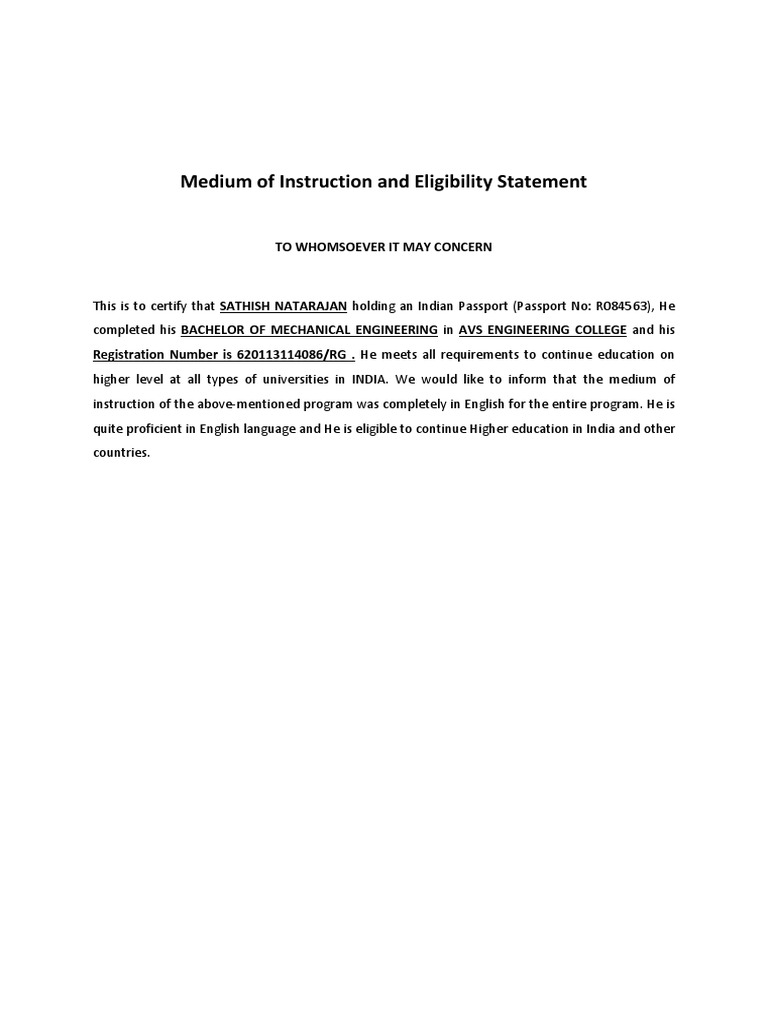 Medium of Instruction and Eligibility Statement Format | PDF
