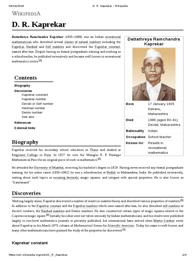 D. R. Kaprekar - Wikipedia | Download Free PDF | Numbers | Mathematical ...