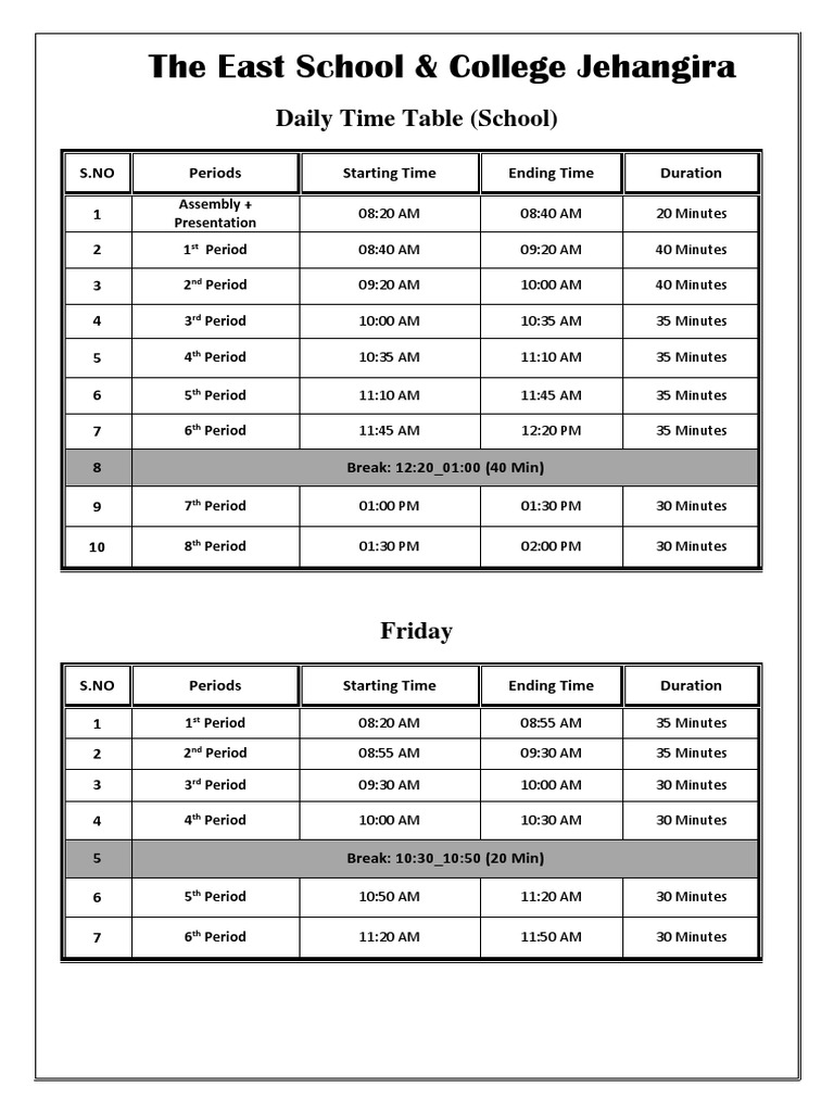 The East School & College Jehangira: Daily Time Table (School) | PDF