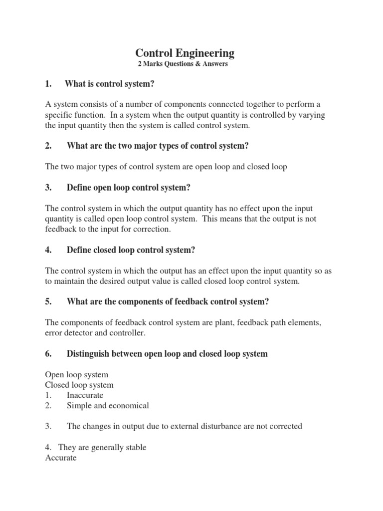 Control Engineering: 2 Marks Questions & Answers | PDF | Control Theory | Control System
