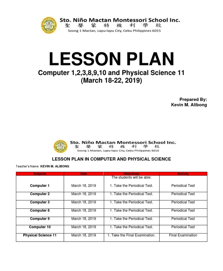 Lesson Plan: Computer 1,2,3,8,9,10 and Physical Science 11 (March 18-22 ...