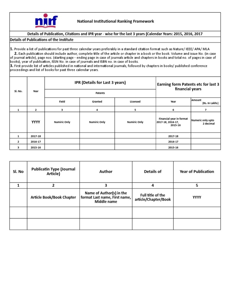 NIRF FORMAT - 2018 Data Requir | PDF | Books