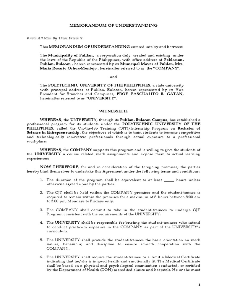 PUP OJT MOA Branches Campuses With Copyright Provision | PDF ...
