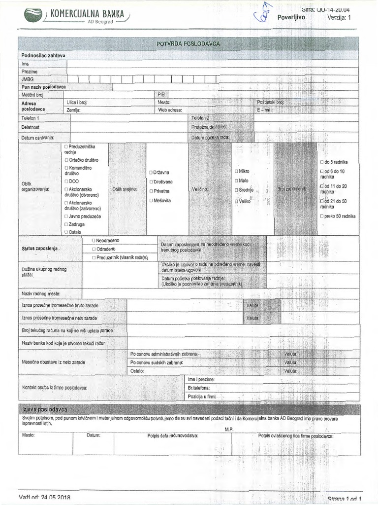 Komercijalna Banka - Potvrda Poslodavca