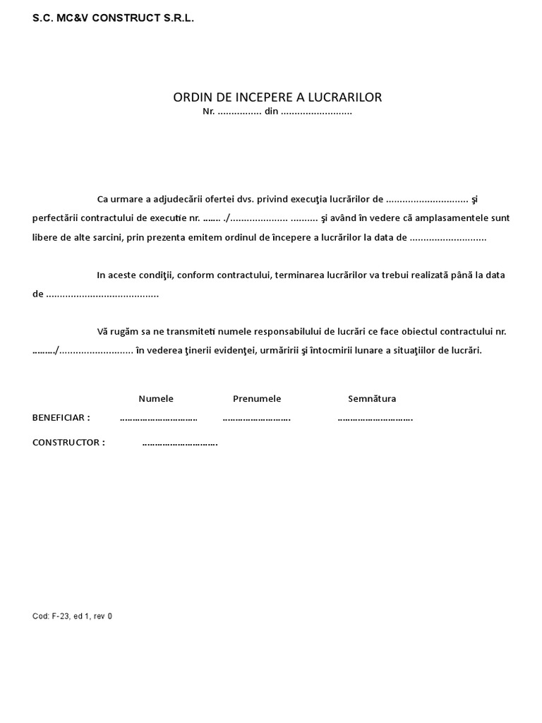 Ordin de Incepere A Lucrarilor | PDF