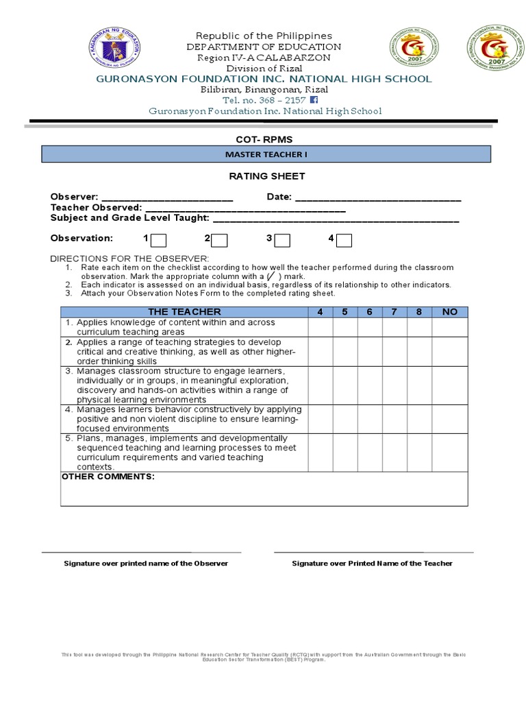 Observation Blank Form | PDF | Curriculum | Teachers