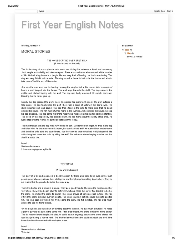 First Year English Notes - MORAL STORIES | PDF | Dogs