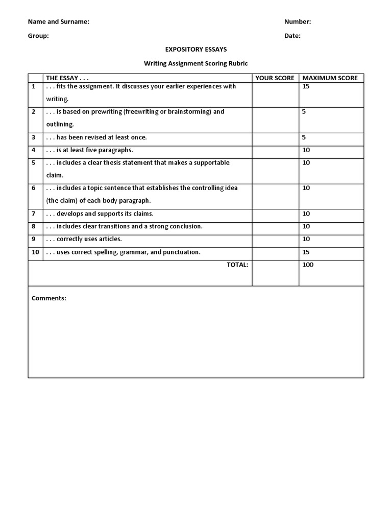Name and Surname: Number: Group: Date: Expository Essays Writing Assignment Scoring Rubric The ...