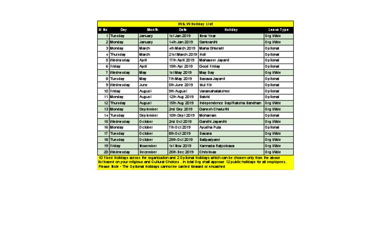 2019 Holiday List for W & W: A Summary of National and Religious ...