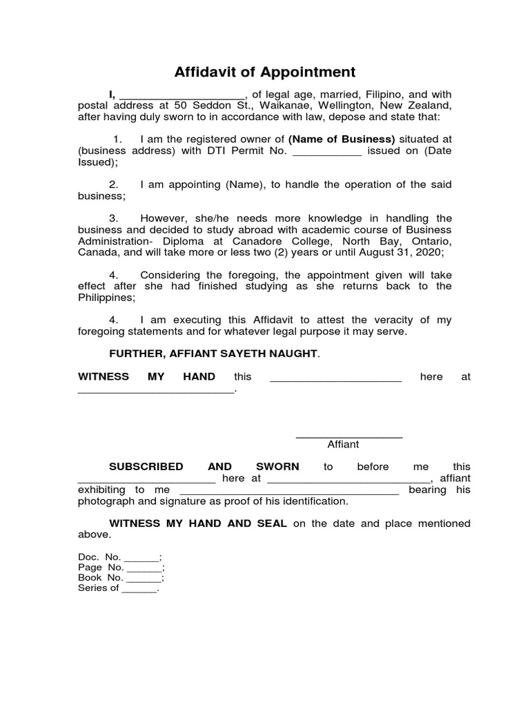Affidavit of Appointment Template | PDF | Finance & Money Management