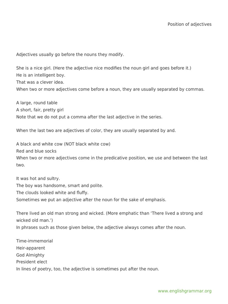 Position of Adjectives PDF | PDF