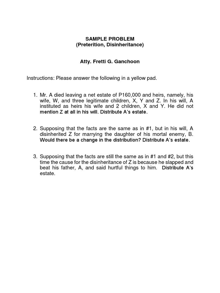 Succession-Sample Problem (Preterition, Disinheritance) | PDF | Politics