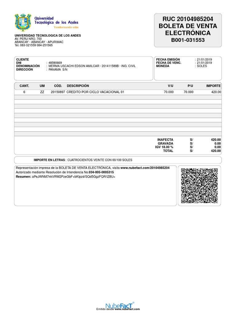 Boleta Electrónica de Venta - USCACHI Edson | PDF