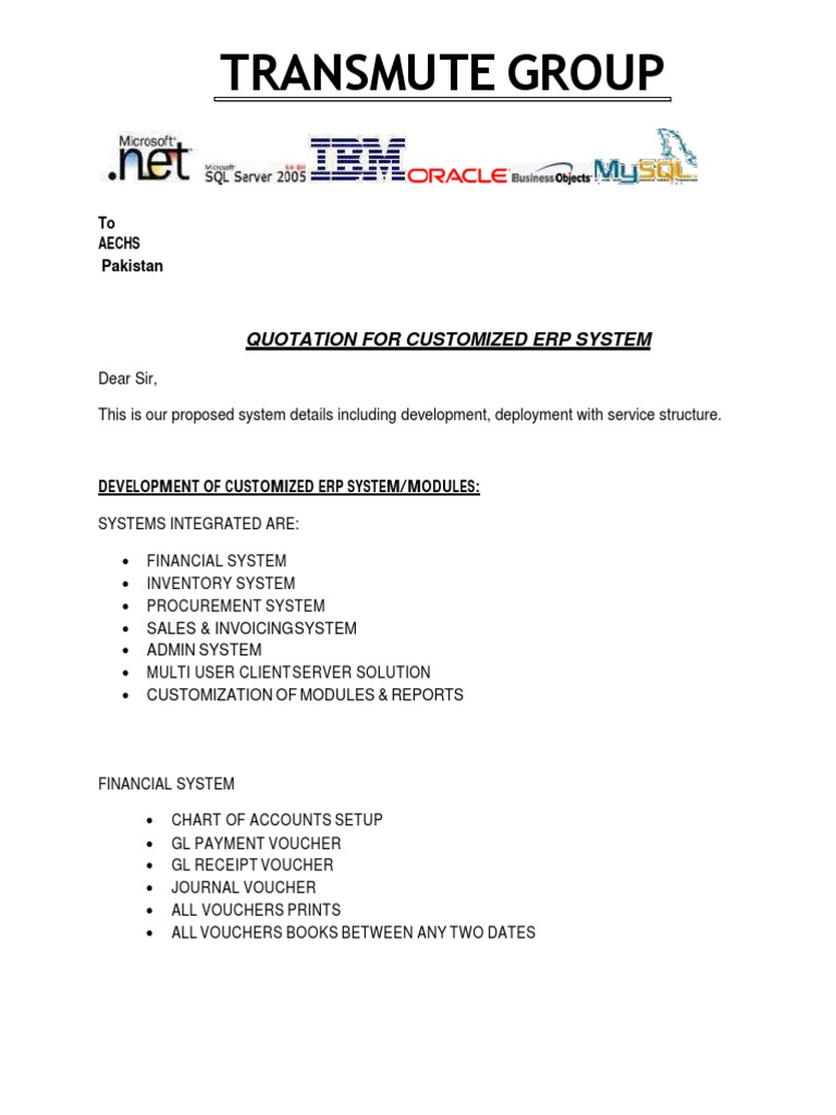 Customized ERP System Quotation for AECHS Pakistan | PDF | Voucher ...