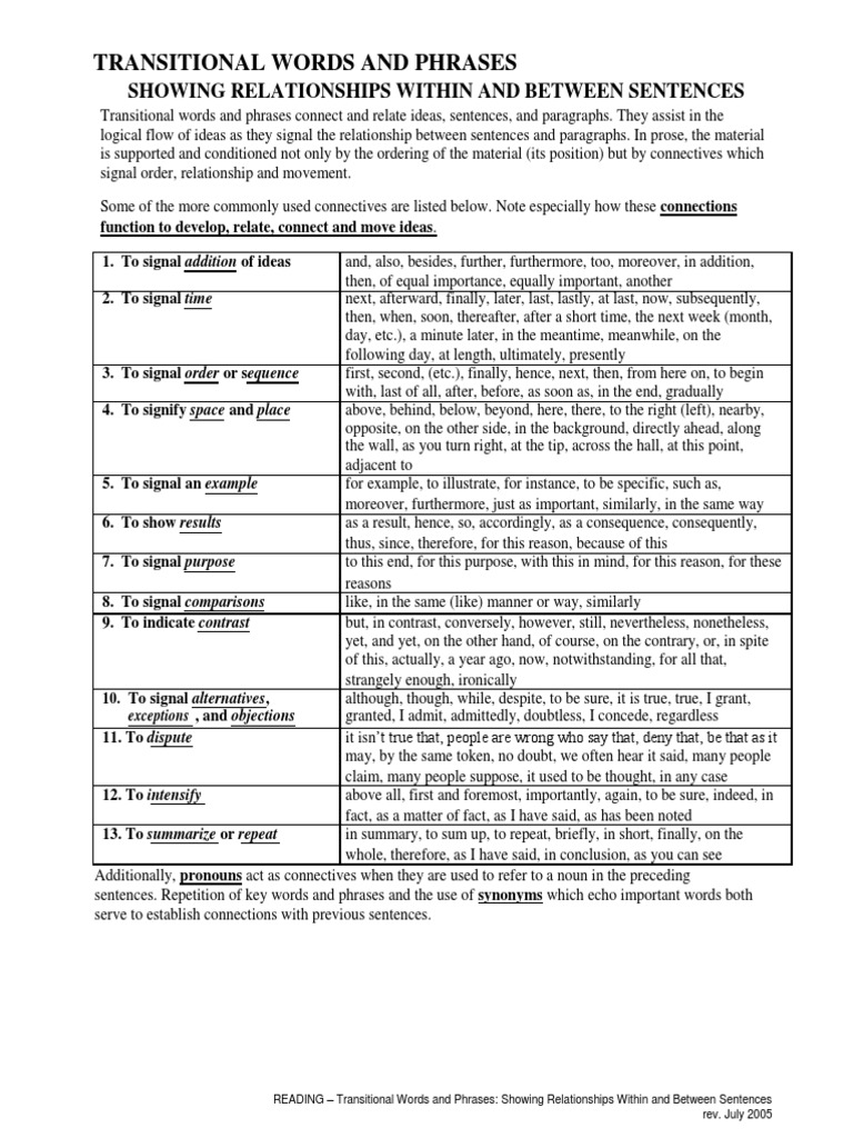 Transitional Words and Phrases PDF | PDF | Phrase | Sentence (Linguistics)