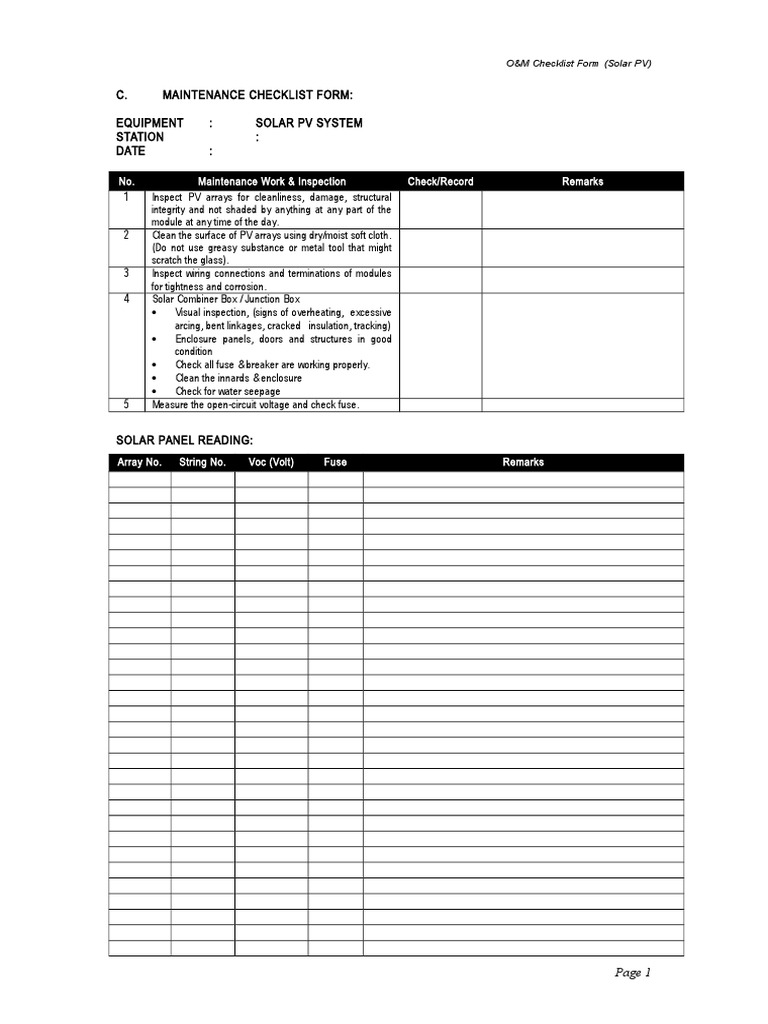 C) Maintenance Checklist Form - Solar PV | PDF | Photovoltaic System ...