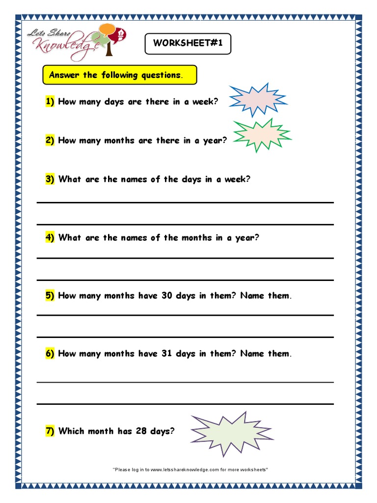 Calendar Worksheets Grade 3 Free