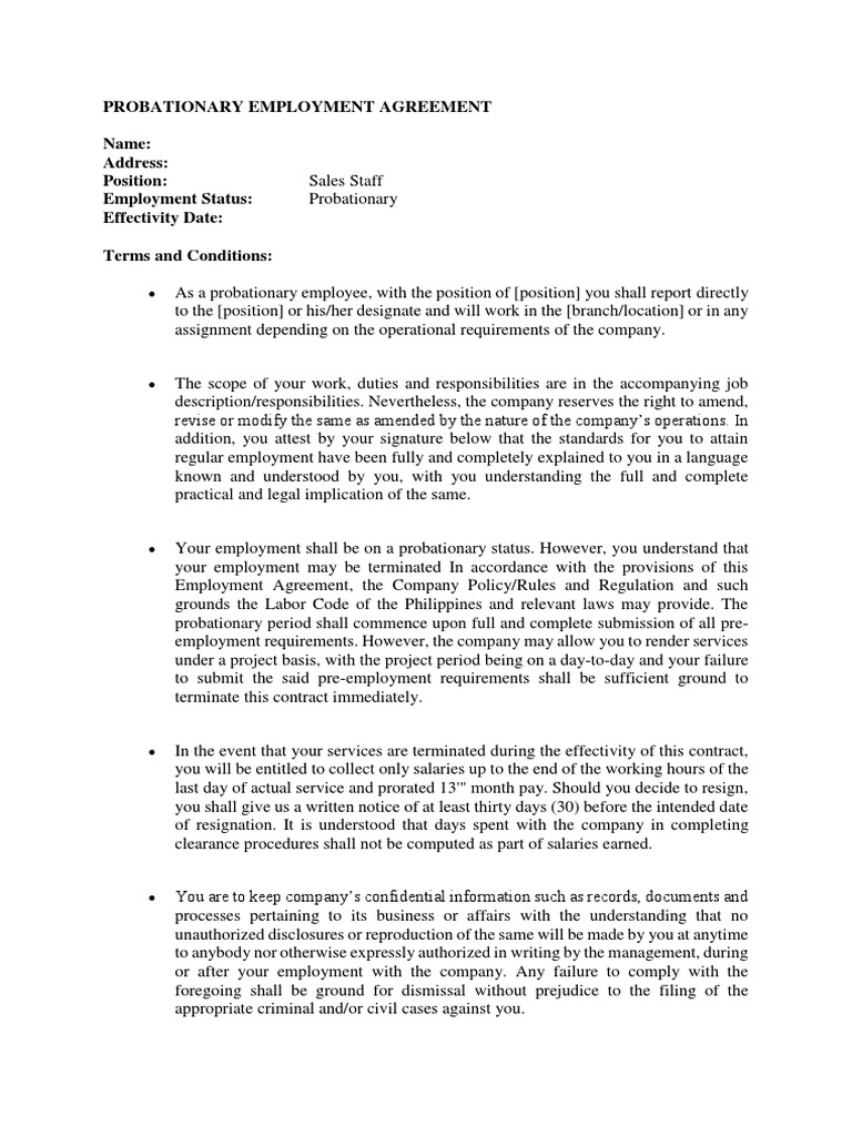 Probationary Employment Agreement | PDF | Employment | Crime & Violence
