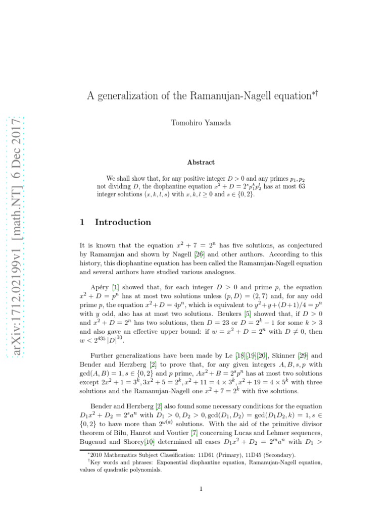 A Generalization of The Ramanujan-Nagell Equation | PDF | Equations ...