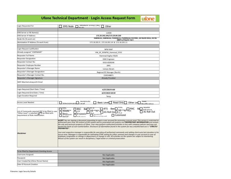Login - Ufone Technical Department - Login Creation - Access - Form ...