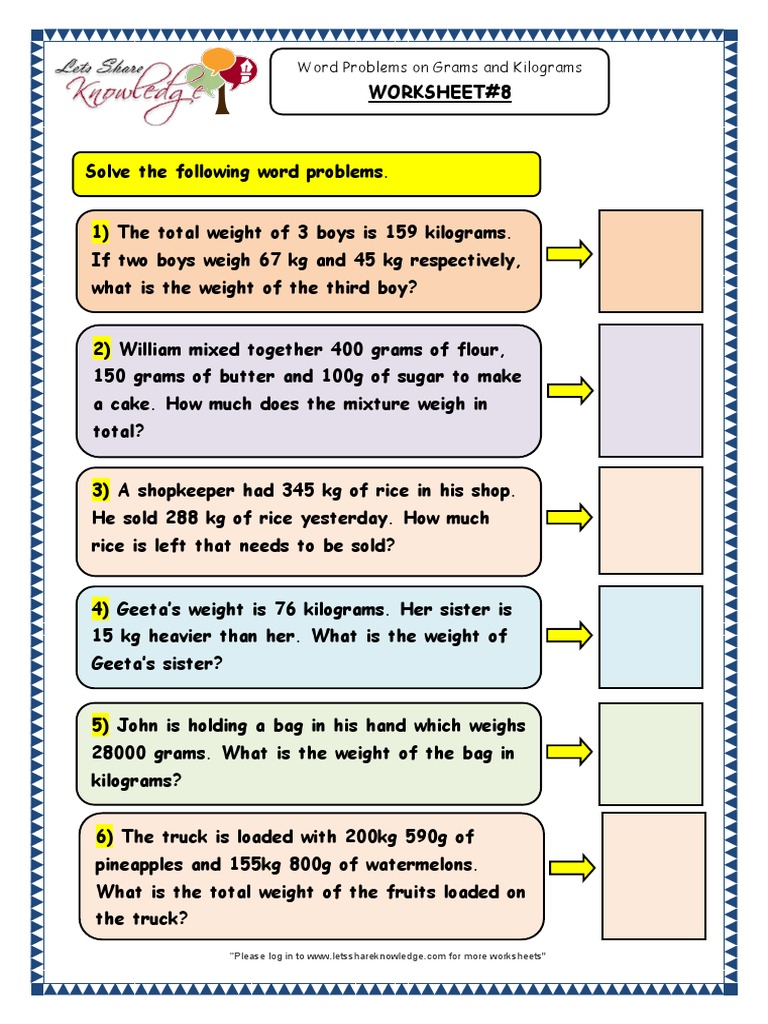 Grade 3 Maths Worksheets Word Problems On Grams and Kilograms 8 | PDF ...