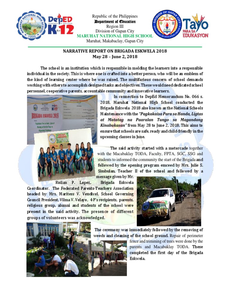 Narrative Report On Brigada Eskwela 2018 | PDF | Behavior Modification ...