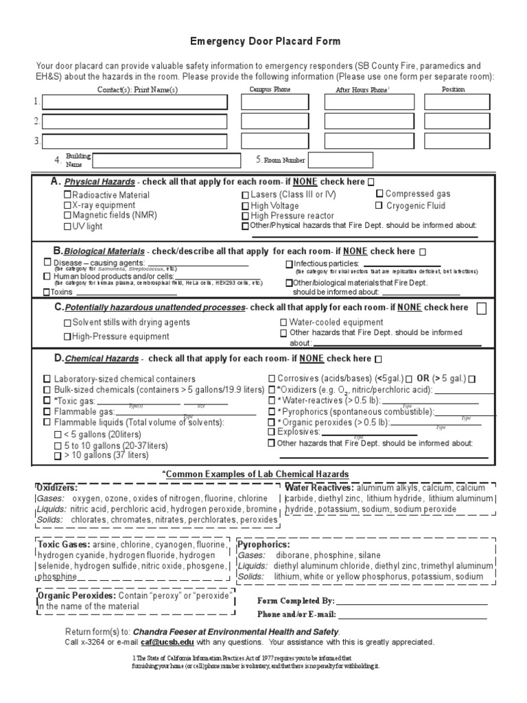 Emmergency Door Placard Form | PDF | Chlorine | Hydrogen Peroxide