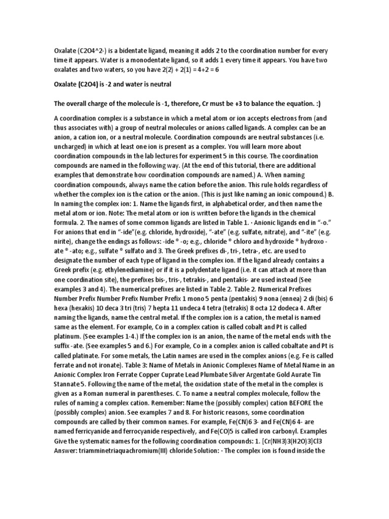 Oxalate (C2O4) Is - 2 and Water Is Neutral The Overall Charge of The ...