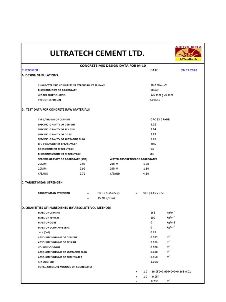 Ultratech Cement LTD.: Concrete Mix Design Data For M-10 | Download Free PDF | Construction ...