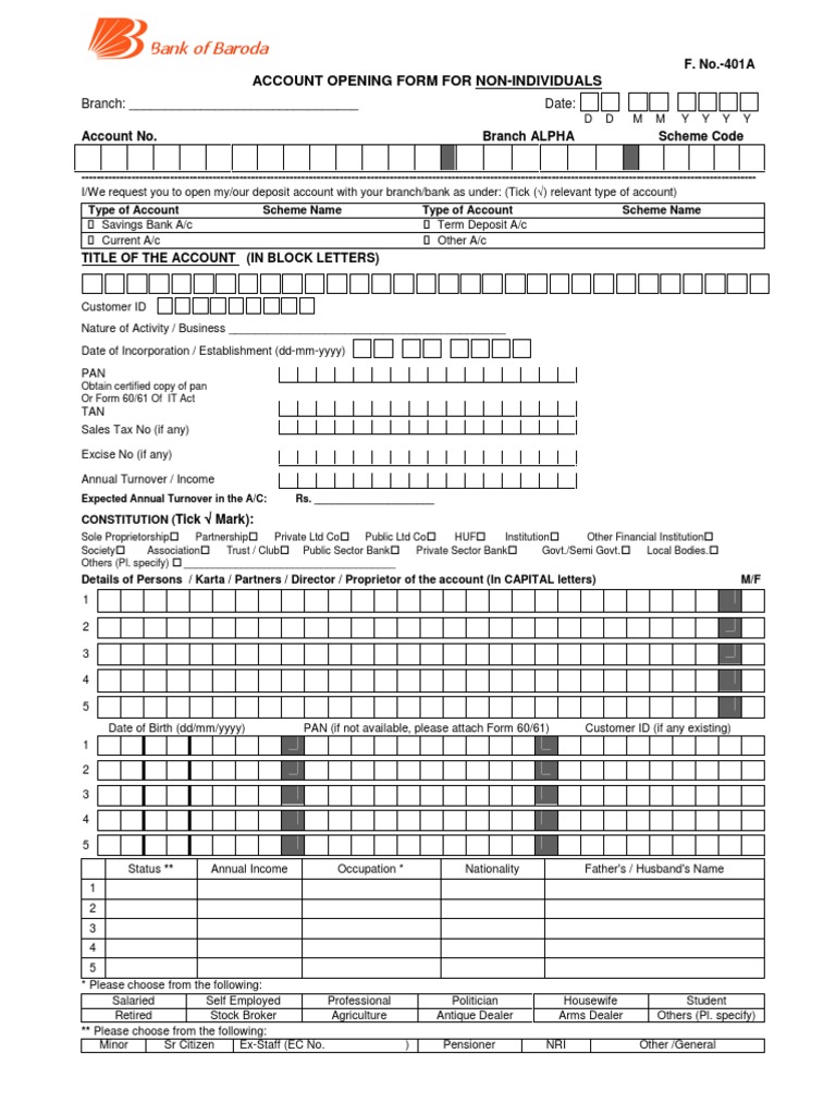 Account Opening Form for Non-Individuals at Bank of Baroda | PDF ...