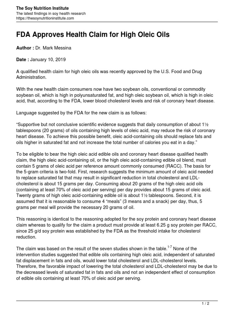 FDA Approves High Oleic Oil Claim | PDF | Cooking Oil | Soybean