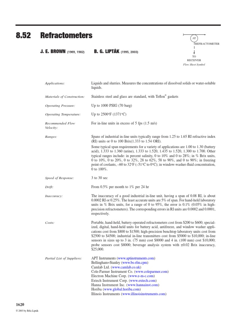 8.52 Refractometers: J. E. Brown B. G. Lipták | PDF | Refraction | Optical Fiber