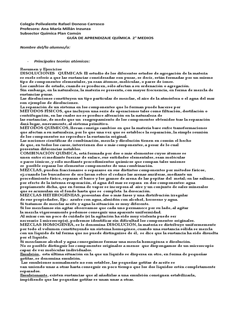 Guía de Estudio Disoluciones Químicas 2° Medio Química | PDF | Concentración | Mezcla
