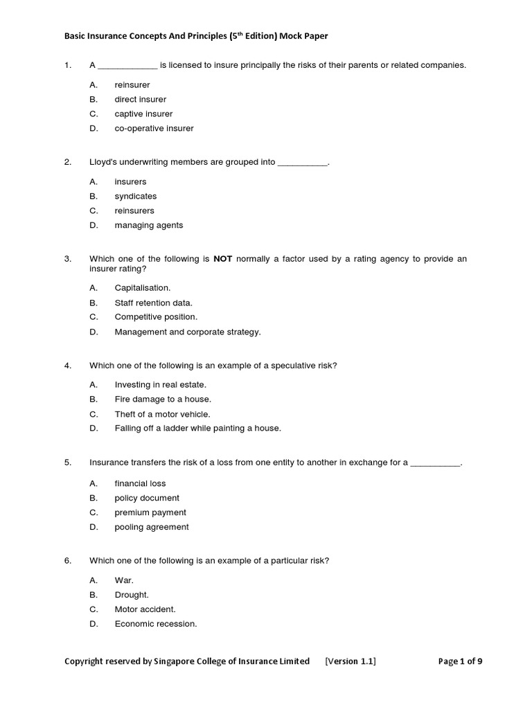 Basic Insurance Concepts and Principles (5 Edition) Mock Paper | PDF ...