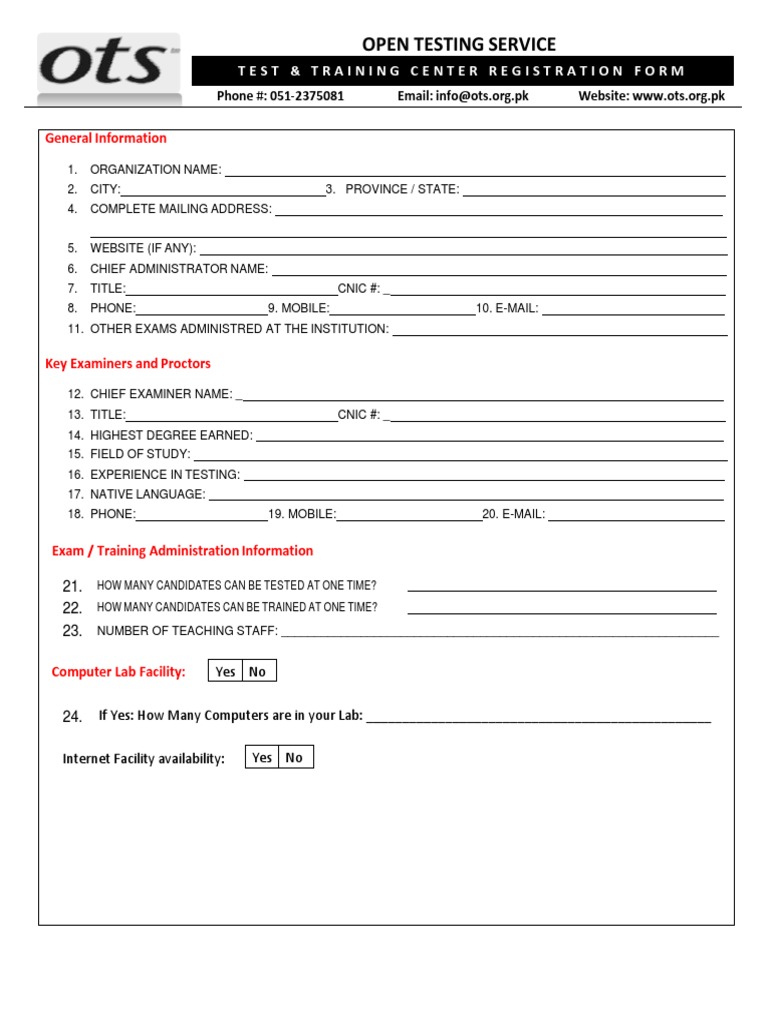 Open Testing Service: Test & Training Center Registration Form | PDF ...