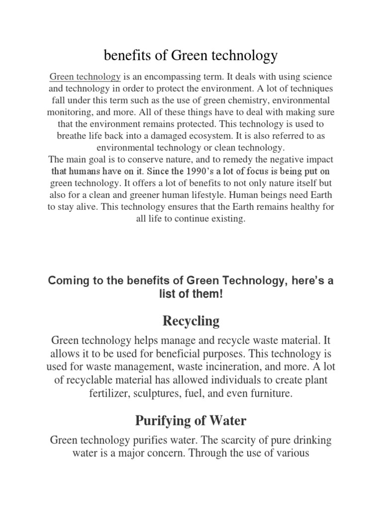 The Benefits of Green Technology | PDF | Environmental Technology ...