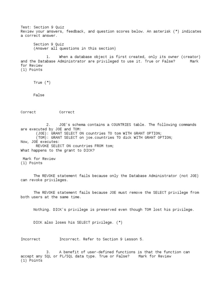 Reviewing Database Objects Quiz Results and Feedback | PDF | Subroutine | Parameter (Computer ...