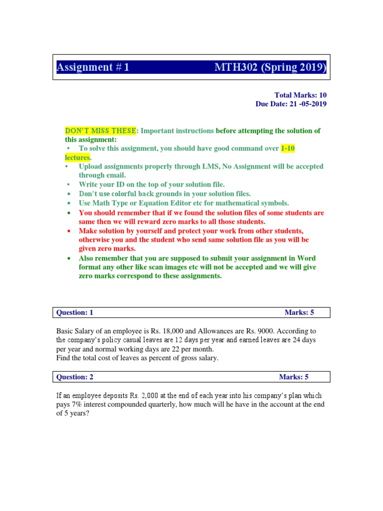 Spring 2019 - MTH302 - 1 | PDF