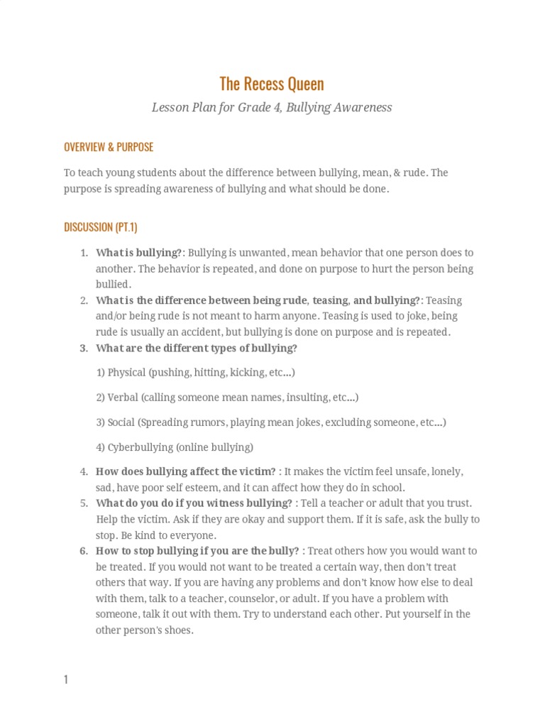 The Recess Queen: Lesson Plan For Grade 4, Bullying Awareness | PDF ...
