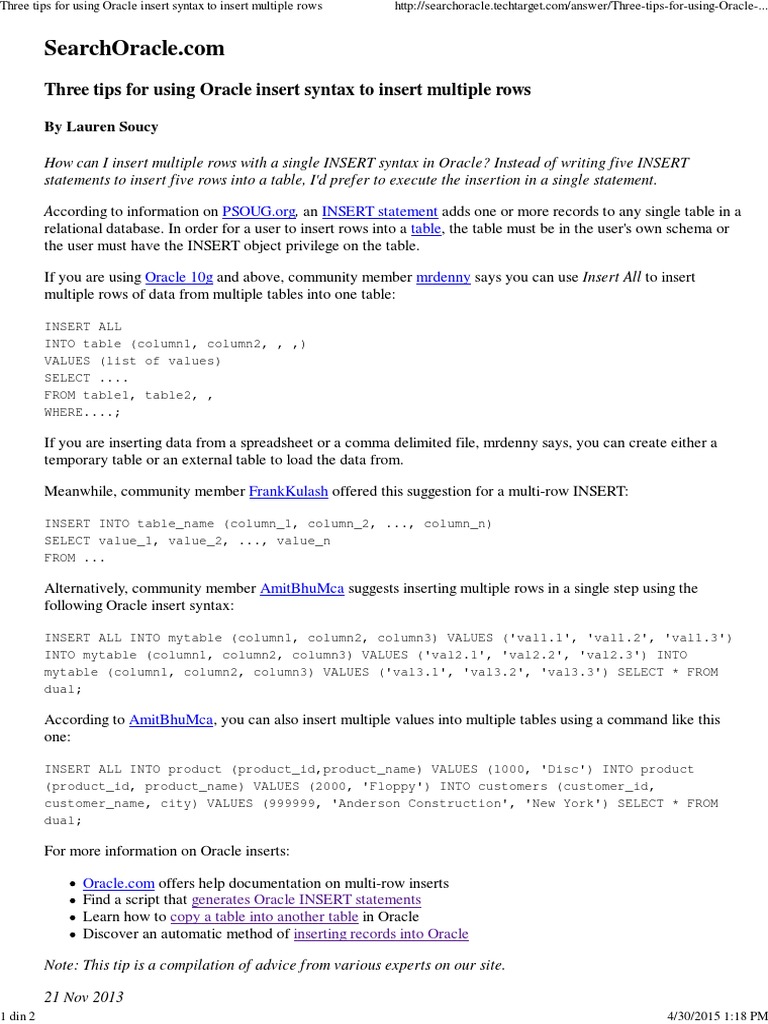 Three Tips For Using Oracle Insert Syntax To Insert Multiple Rows | PDF | Oracle Database ...