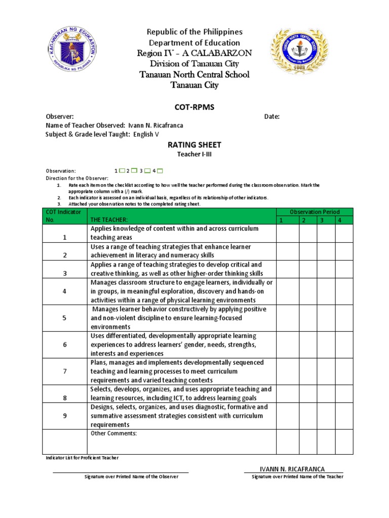 Cot Form | PDF | Teachers | Curriculum