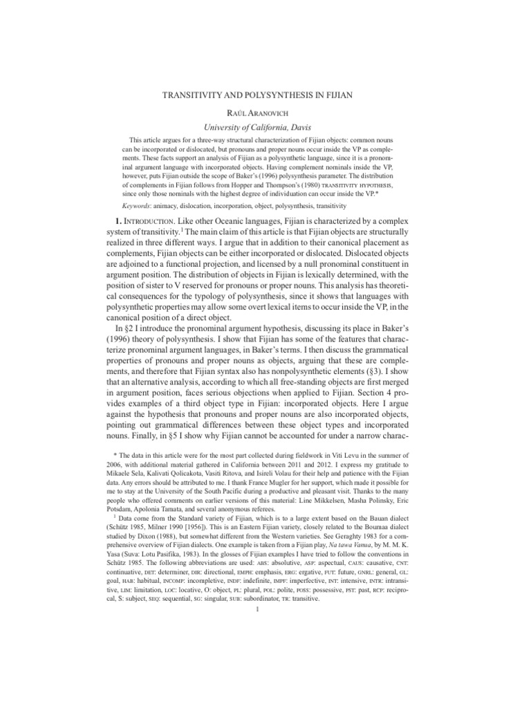 Fijian Polysynthesis and Object Structure | PDF | Pronoun | Verb