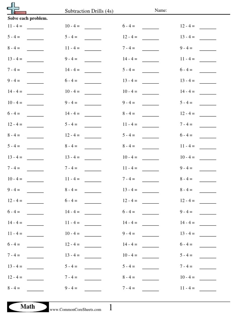 Subtraction Drills (4s) : Solve Each Problem | PDF | Teaching Mathematics