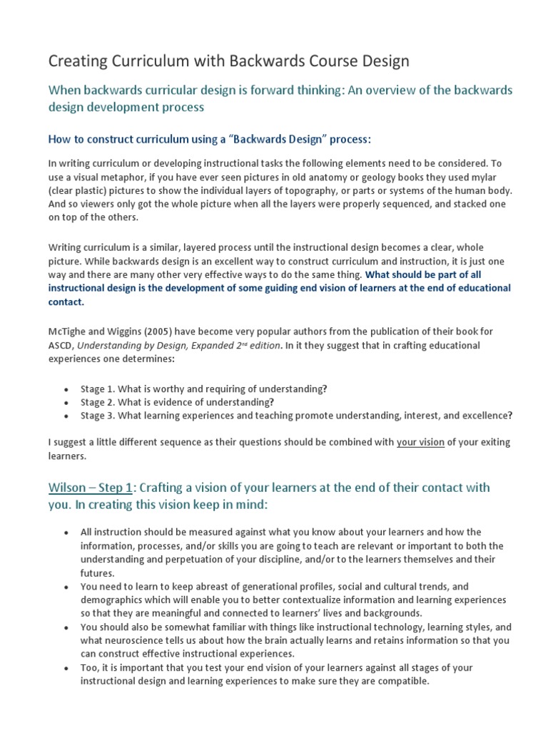 Creating Curriculum With Backwards Course Design | PDF | Instructional ...