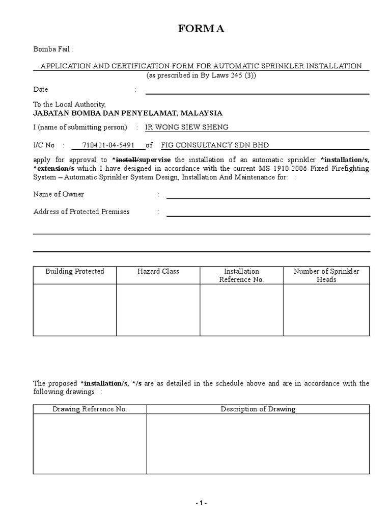 Sample of FORM A | PDF | Fire Sprinkler System | Water Supply