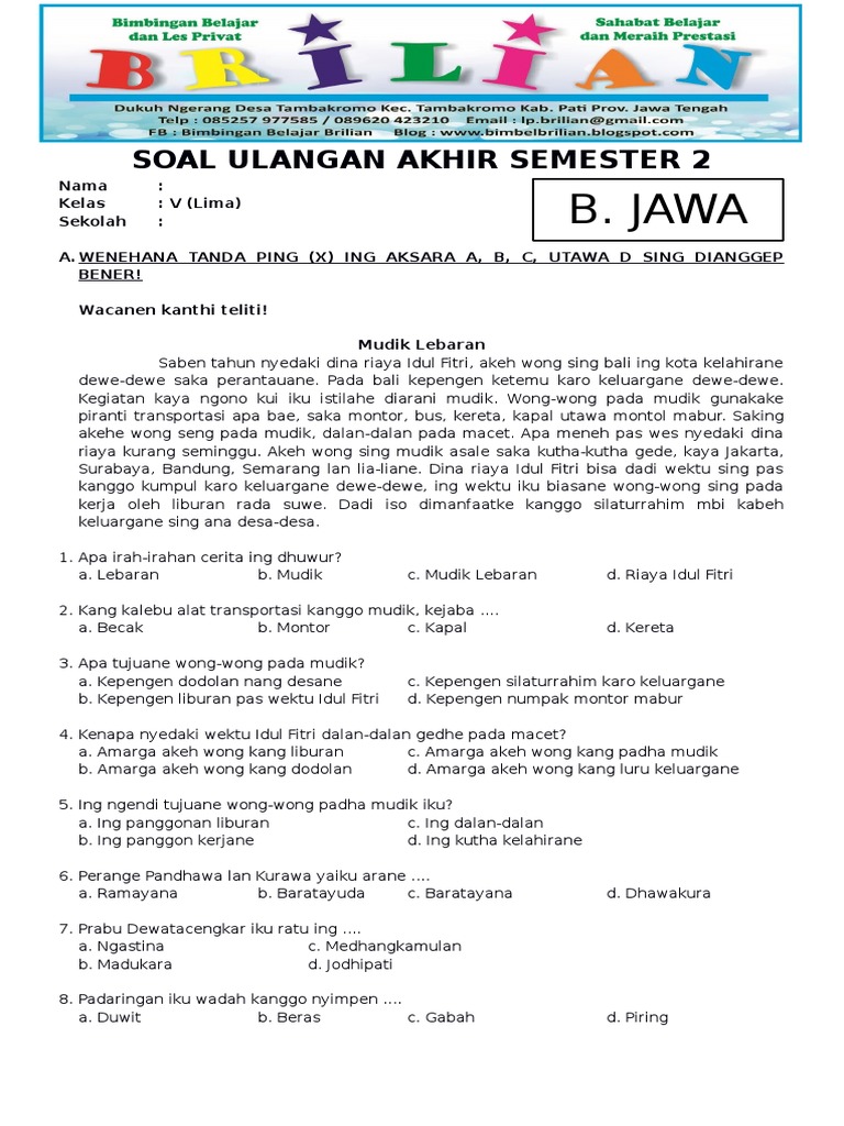 Soal UAS Bahasa Jawa Kelas 5 SD Semester 2 Dan Kunci Jawabannya | PDF
