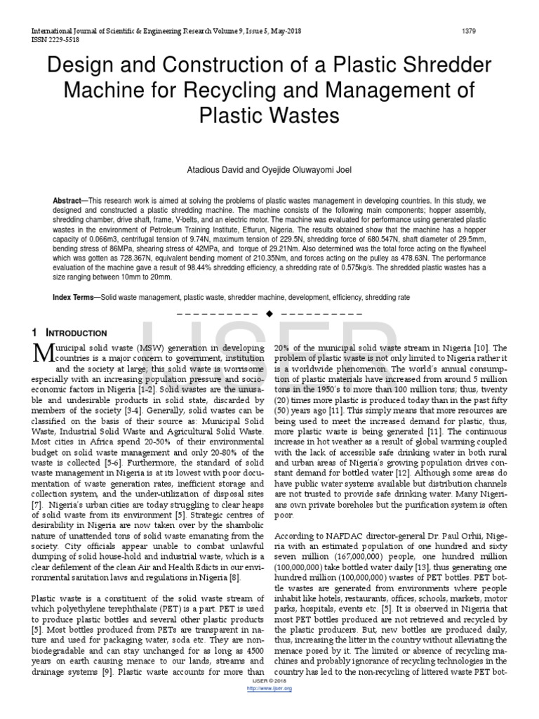 Design and Construction of A Plastic Shredder Machine For Recycling and ...