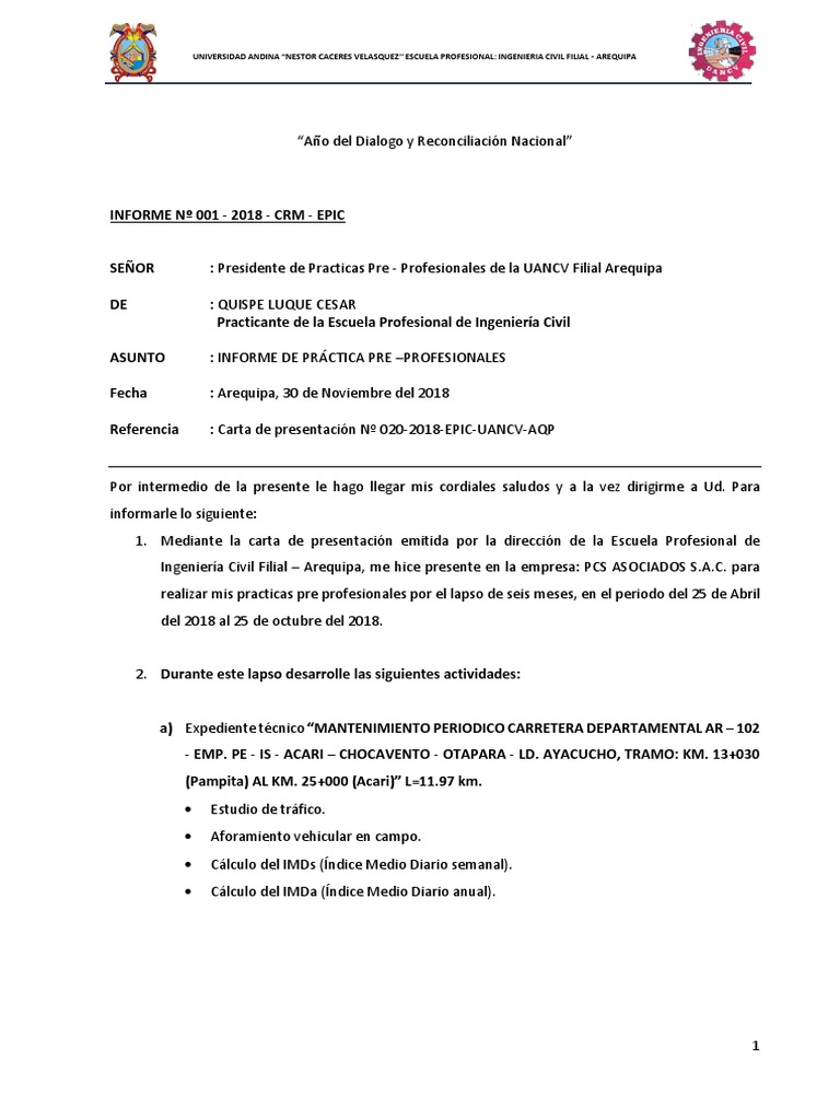 Informe de Pract. Cesar Quispe Luque PDF | PDF | Ingeniero civil | La carretera