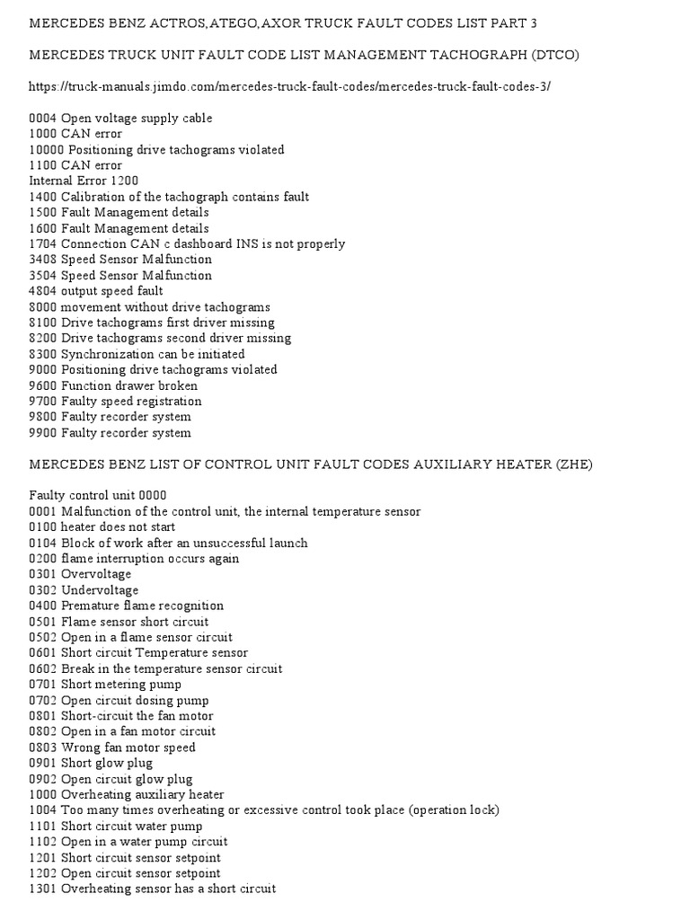Mercedes Benz Actros, Atego, Axor Truck Fault Codes List Part 3 PDF ...