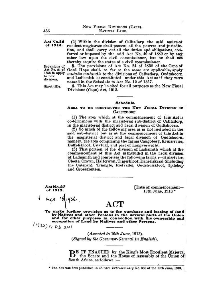 Native Land Act 27 of 1913 | PDF